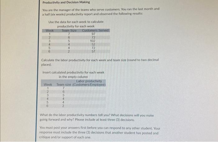 Solved Productivity and Decision Making You are the manager | Chegg.com