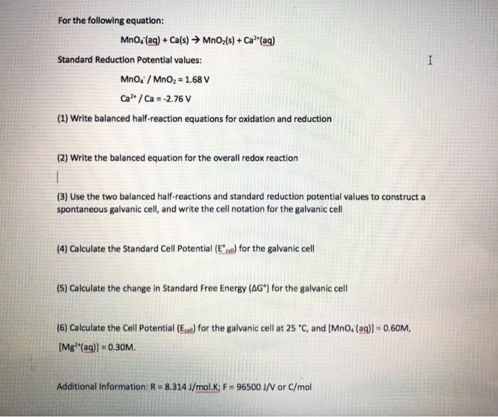 Solved For the following equation: MnO4 (aq) + Ca(s) → | Chegg.com