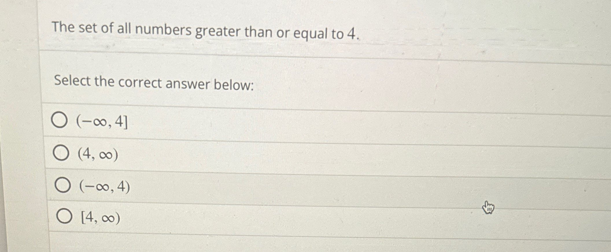 Solved The set of all numbers greater than or equal to | Chegg.com