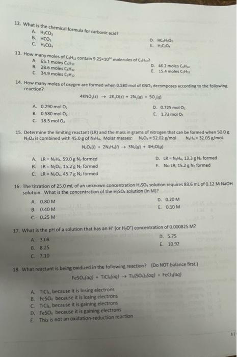 Solved 12. What is the chemical formula for carbonic acid? | Chegg.com