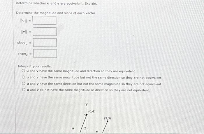Solved Determine whether u and v are equivalent. Explain. | Chegg.com Solved Determine whether u and v are equivalent. Explain. | Chegg.com