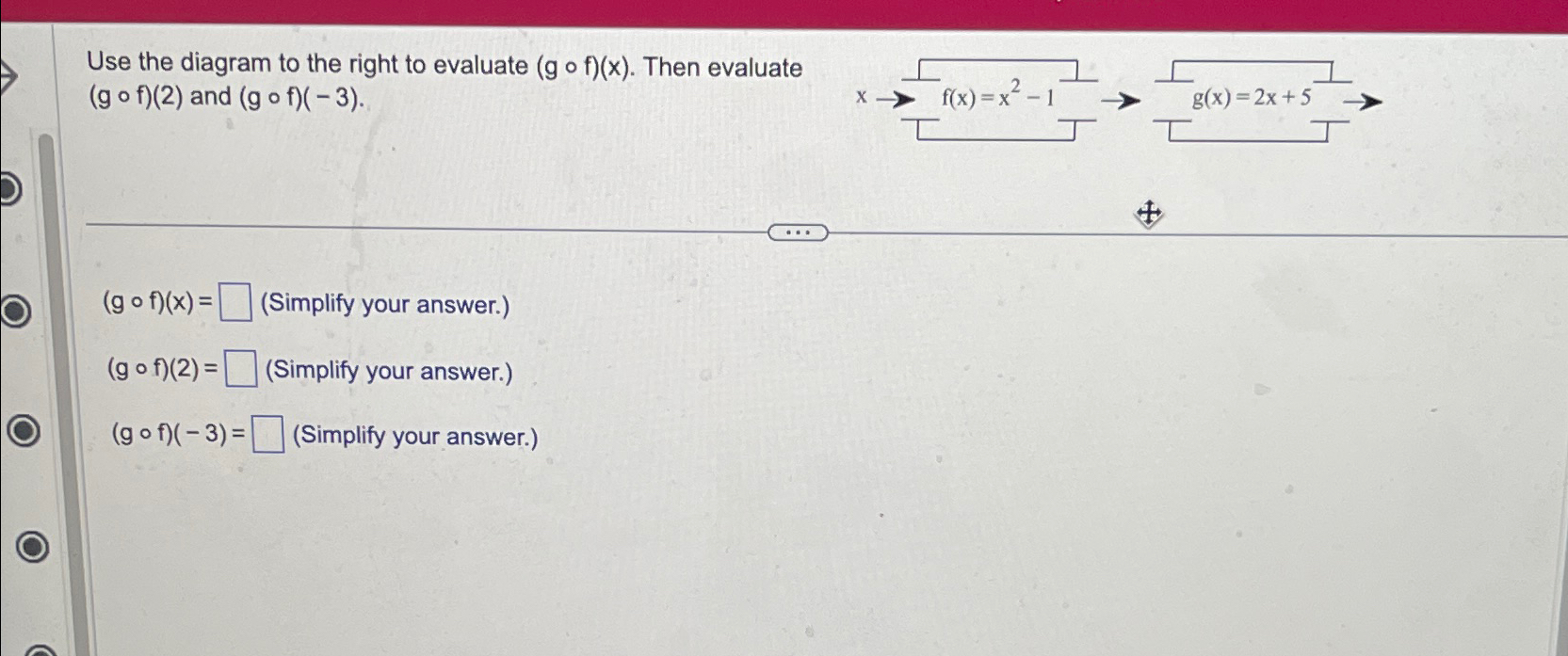 Solved Use the diagram to the right to evaluate (g@f)(x). | Chegg.com