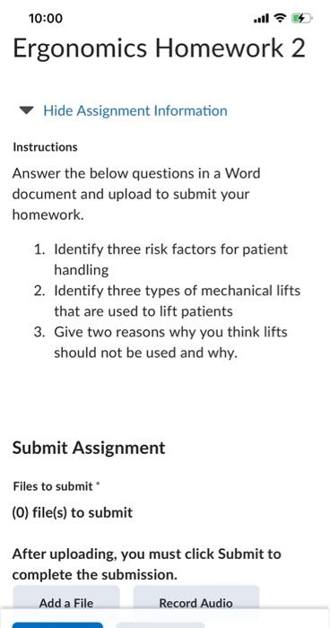 Solved Ergonomics Homework 2 Hide Assignment Information | Chegg.com