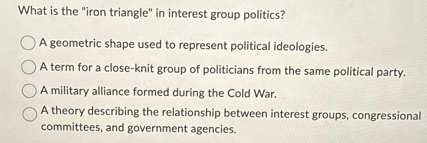 Solved What is the "iron triangle" in interest group | Chegg.com