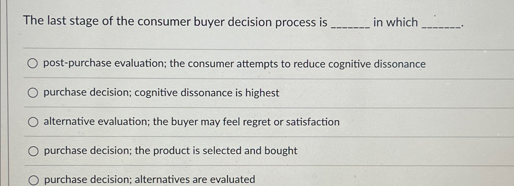 Solved The last stage of the consumer buyer decision process | Chegg.com