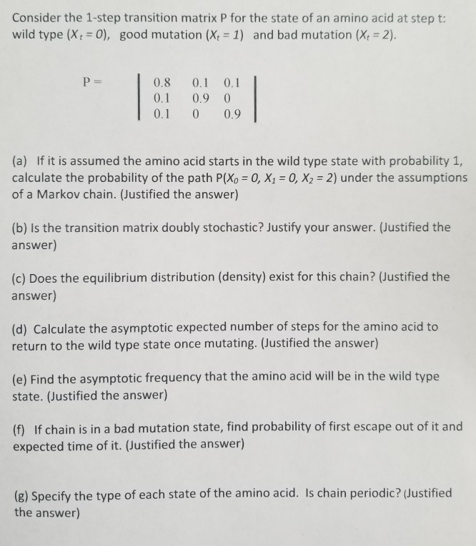 Solved Consider the 1-step transition matrix P for the state | Chegg.com