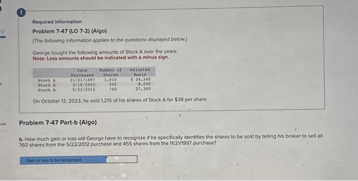 Solved Required information Problem 7-47 (LO 7-2) (Algo) | Chegg.com