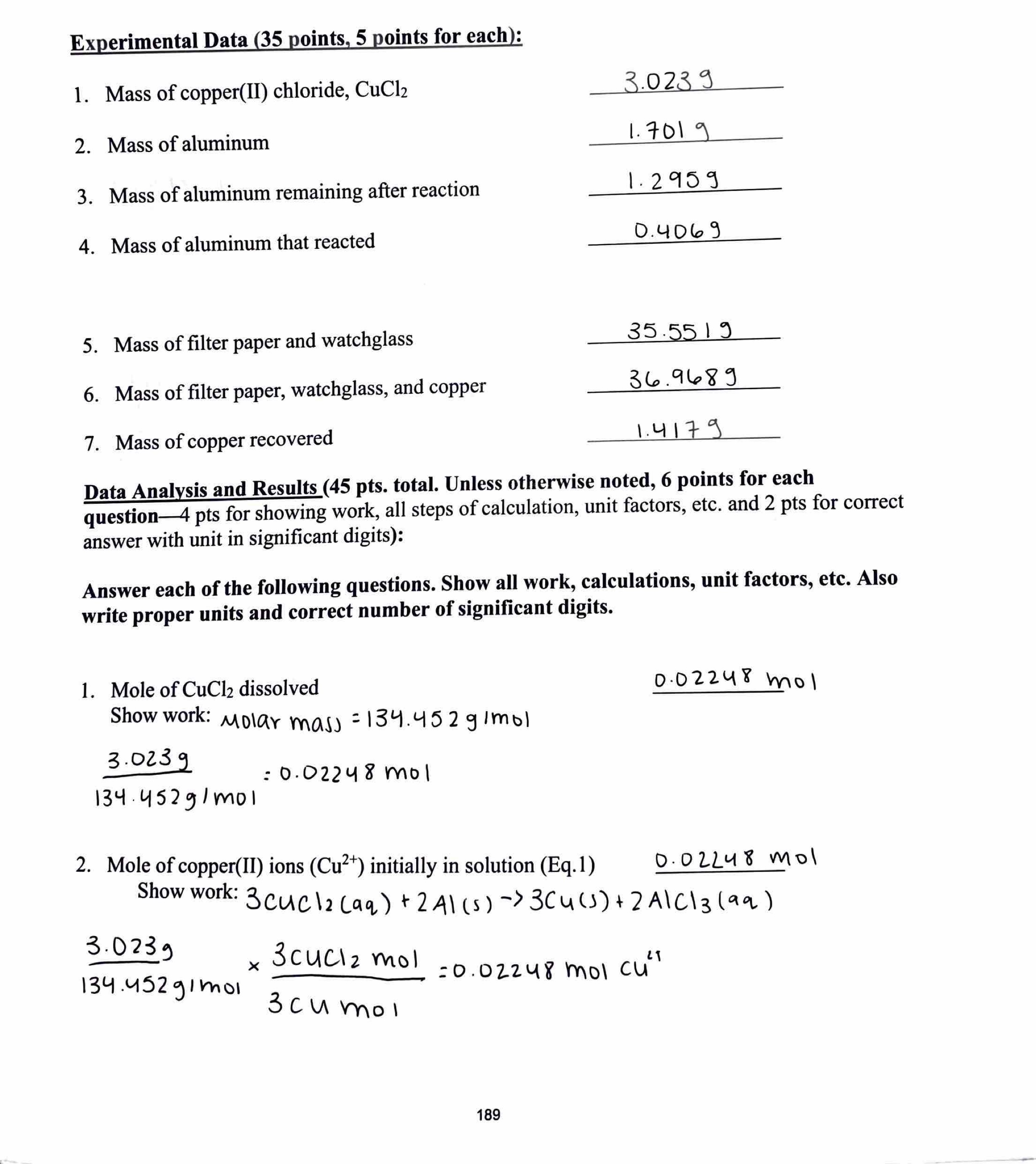 Solved Experimental Data (35 ﻿points, 5 ﻿points for each): | Chegg.com