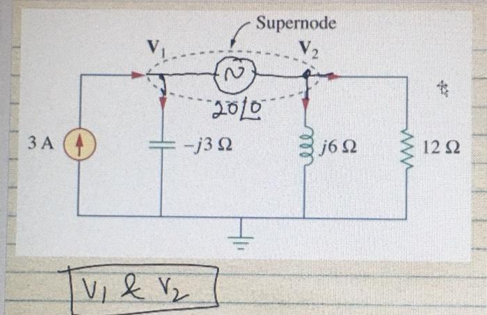 Solved Supernode V2 Ν 2010 3Α -j3Ω j6Ω 12 Ω Ι vi & V₂ | Chegg.com