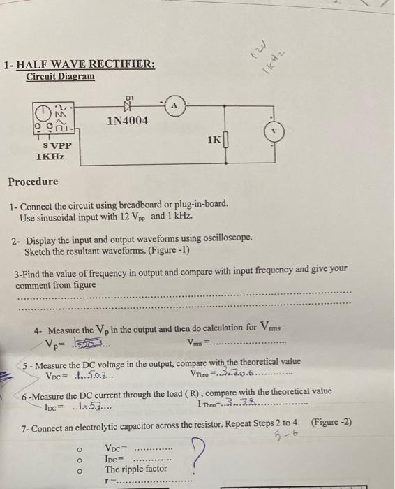 Solved 1- HALF WAVE RECTIFIER: Circuit Diagram Procedure 1- | Chegg.com