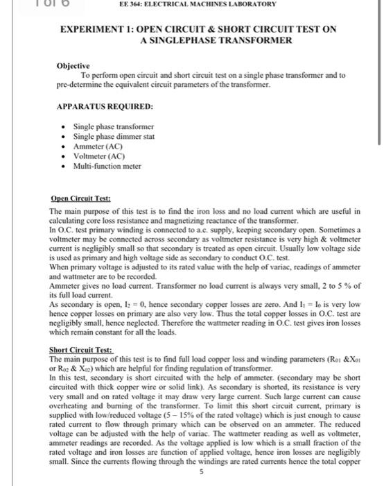 Solved EXPERIMENT 1: OPEN CIRCUIT \& SHORT CIRCUIT TEST ON A | Chegg.com