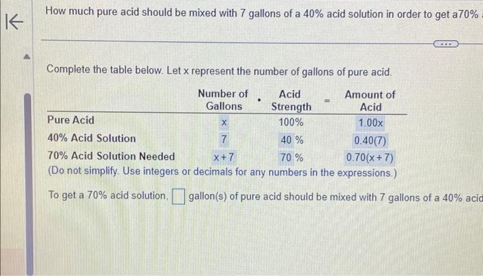 Solved K How much pure acid should be mixed with 7 gallons | Chegg.com