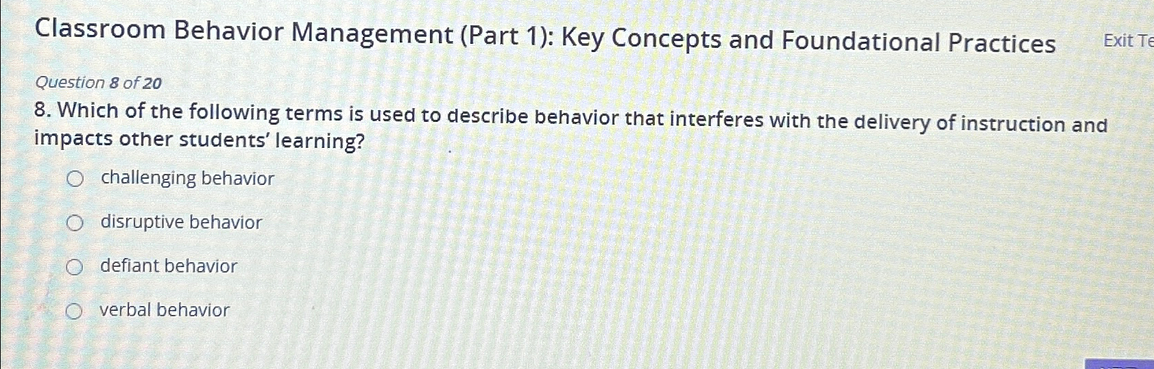 Solved Classroom Behavior Management (Part 1): Key Concepts | Chegg.com