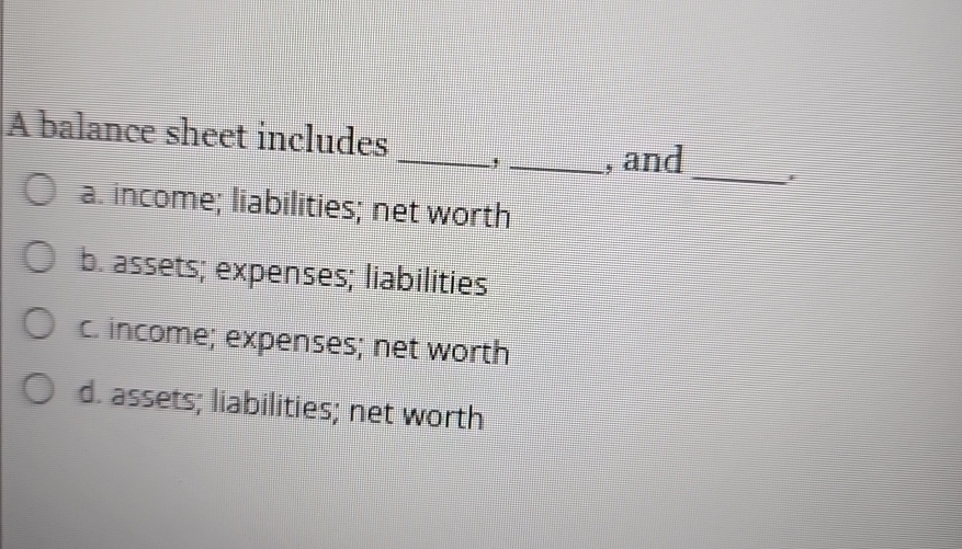 Solved A balance sheet includes anda. ﻿income; liabilities; | Chegg.com
