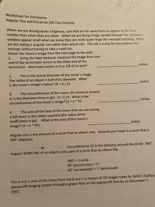 Solved Worksheet for Astronomy Angular Size and Distances | Chegg.com