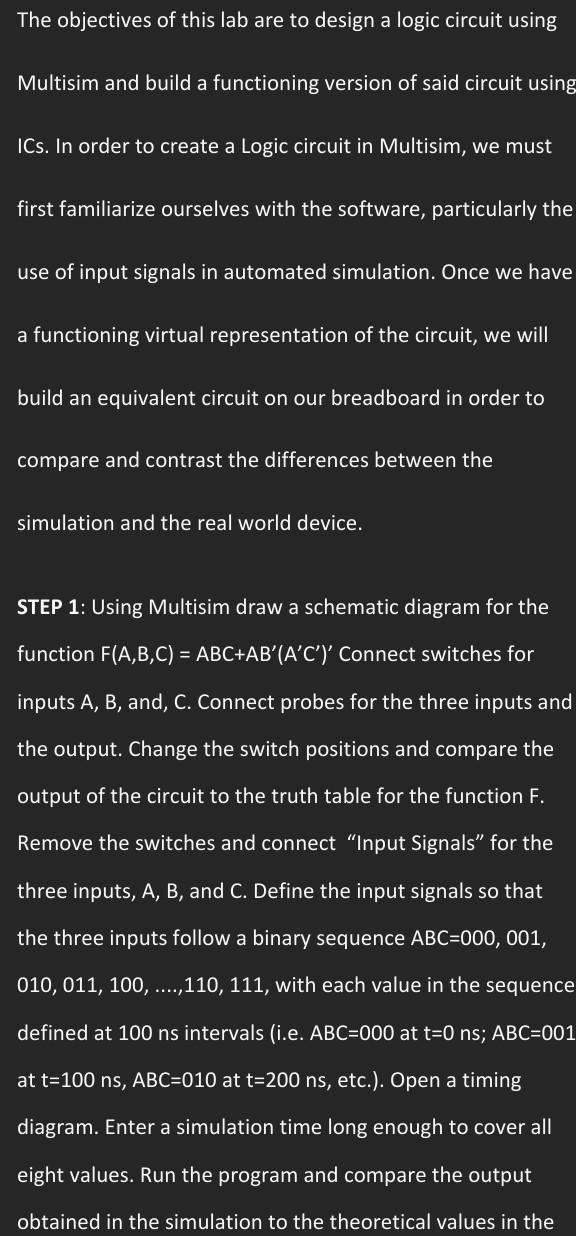Solved The objectives of this lab are to design a logic | Chegg.com