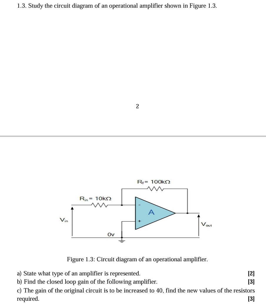 Solved 1.3. ﻿Study the circuit diagram of an operational | Chegg.com