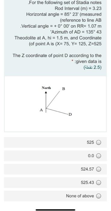 Solved For the following set of Stadia notes Rod Interval | Chegg.com