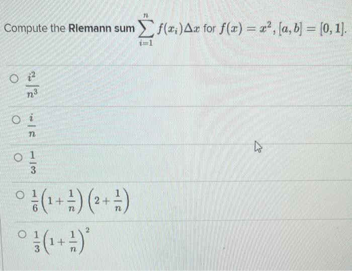 Solved Compute the Rlemann sum ∑i=1nf(xi)Δx for | Chegg.com