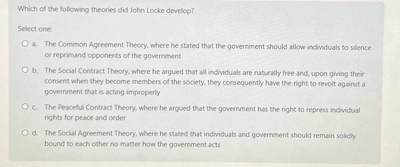 Solved Which of the following theories did John Locke | Chegg.com