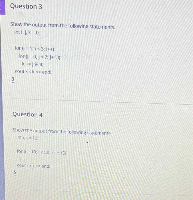 Solved Show the output from the following statements. int | Chegg.com