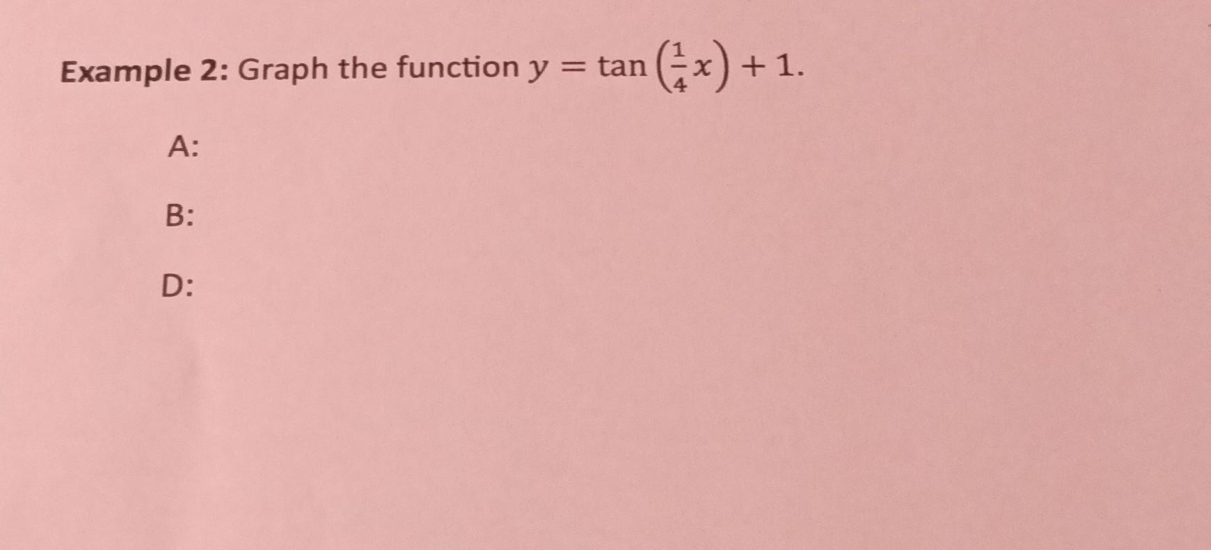 Solved Example 2: Graph the function y=tan(41x)+1 A: B : D: | Chegg.com