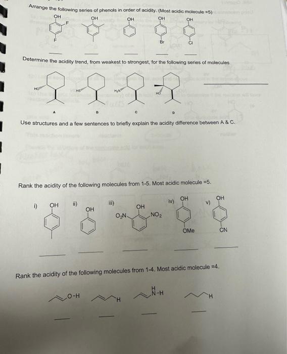 Solved Rank the acidity of the following molecules. ( 1= | Chegg.com