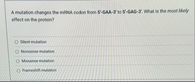 Solved A mutation changes the mRNA codon from 5-GAA-3 ﻿to | Chegg.com