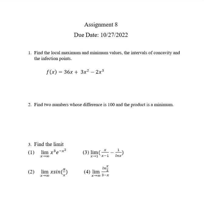 Solved Assignment 8 Due Date: 10/27/2022 1. Find the local | Chegg.com