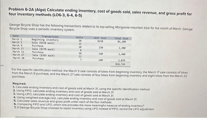 Solved Problem 6.2A (Algo) Calculate ending inventory, cost | Chegg.com