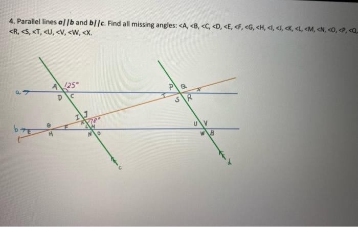 Solved 4. Parallel lines ab and b[/c. Find all missing | Chegg.com