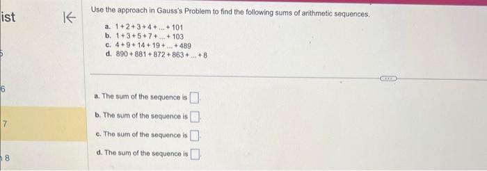Solved Use the approach in Gauss's Problem to find the | Chegg.com