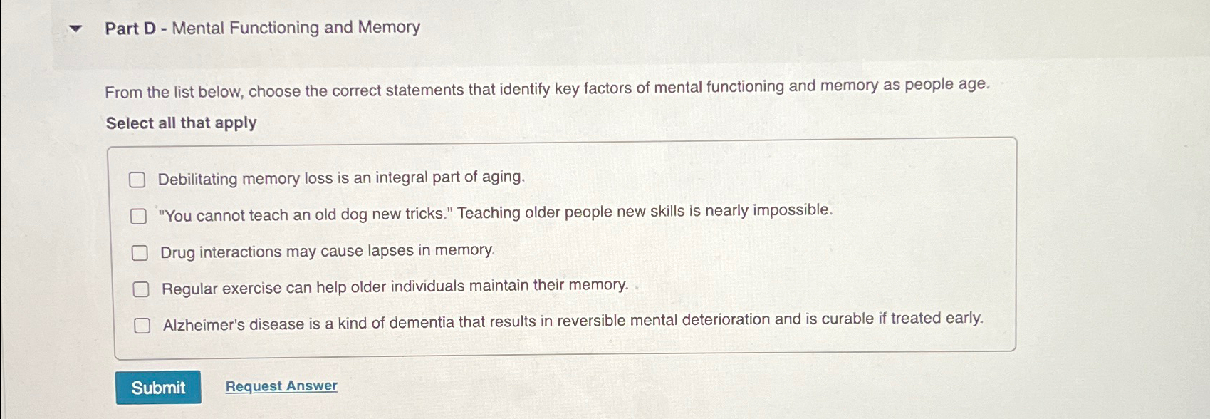Solved Part D - ﻿Mental Functioning and MemoryFrom the list | Chegg.com