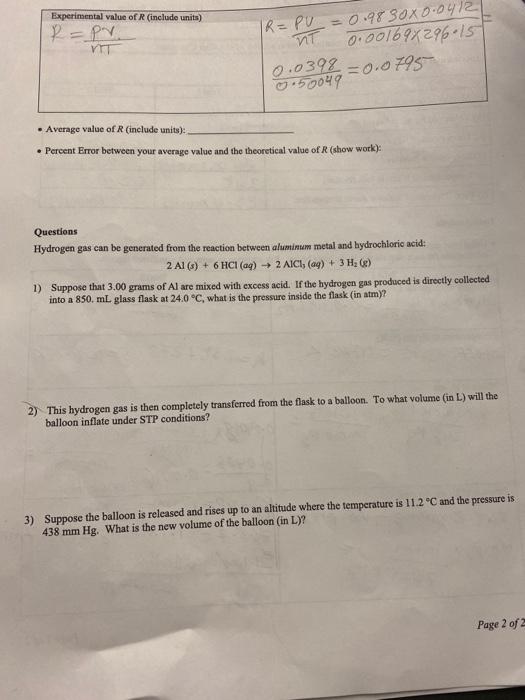 Solved Experimental Determination of the Gas Constant | Chegg.com