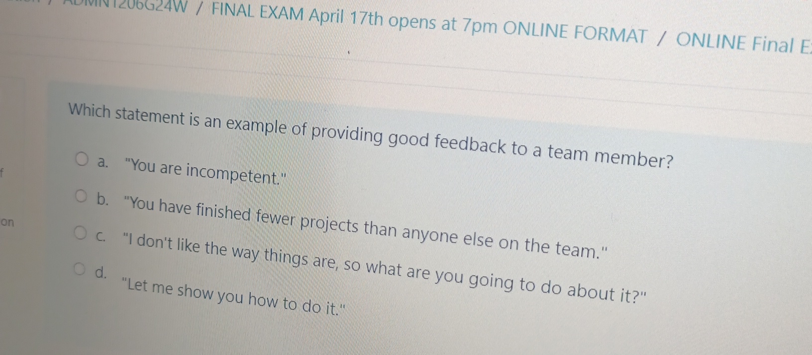 Solved Which statement is an example of providing good | Chegg.com