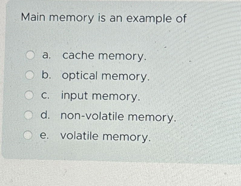 Solved Main memory is an example ofa. ﻿cache memory.b. | Chegg.com