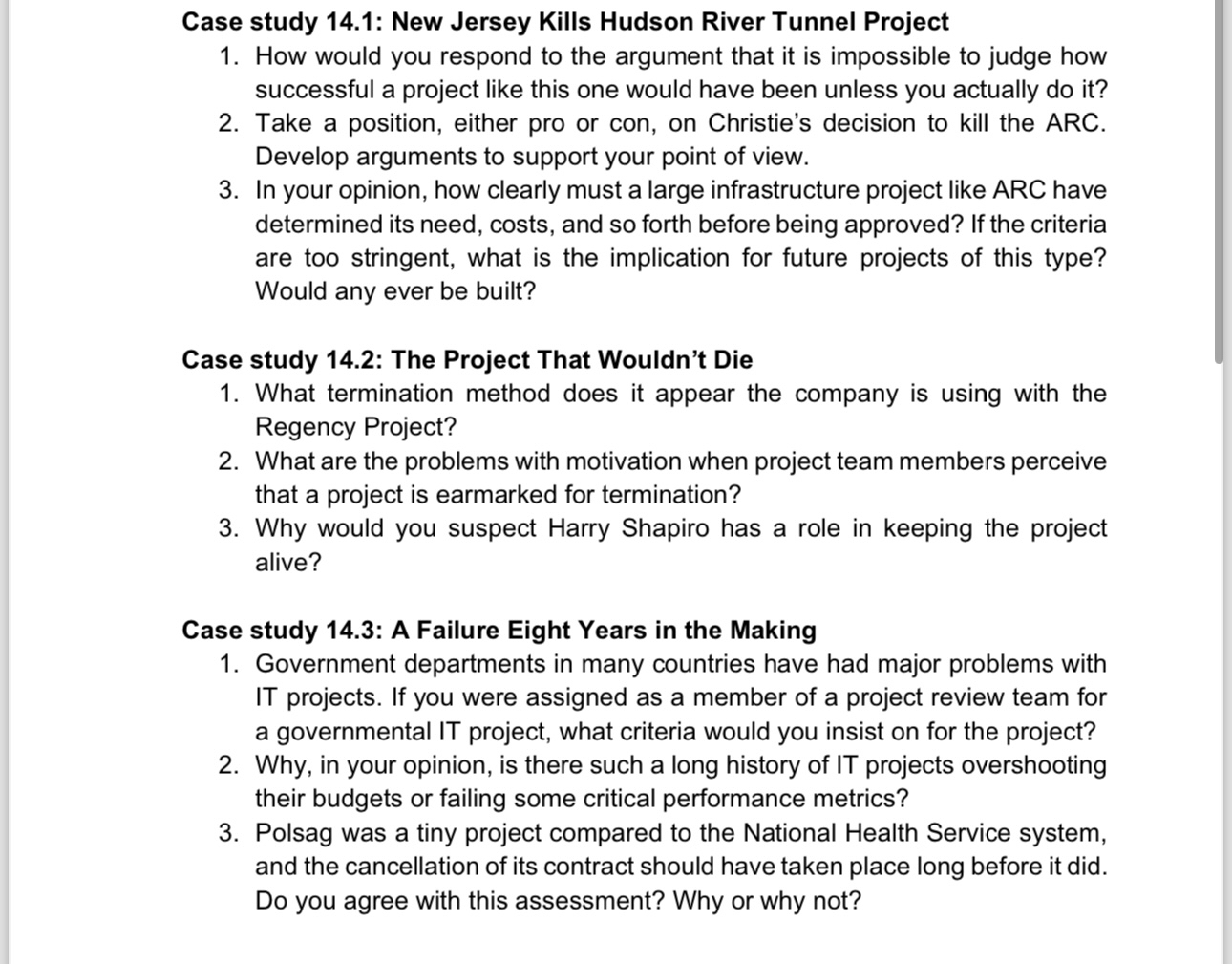 Solved Case study 14.1: New Jersey Kills Hudson River Tunnel | Chegg.com