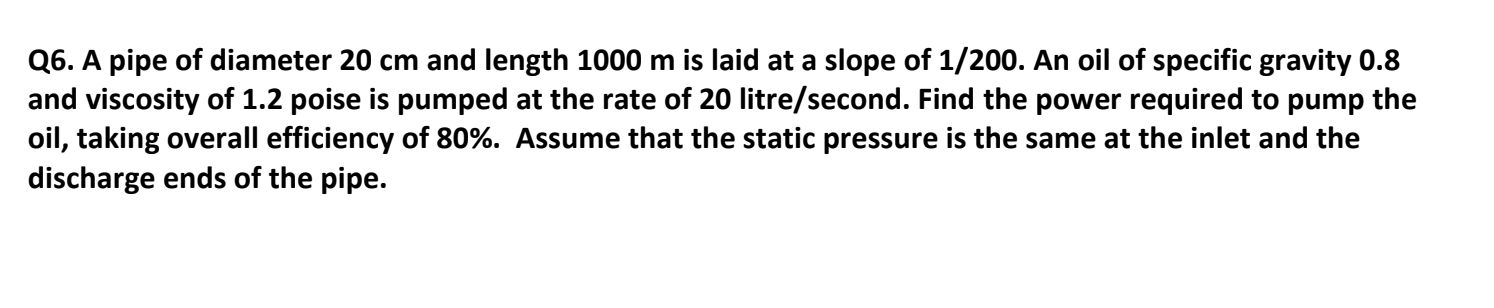 Solved Q6. ﻿A pipe of ﻿diameter 20cm ﻿and length 1000 m is | Chegg.com