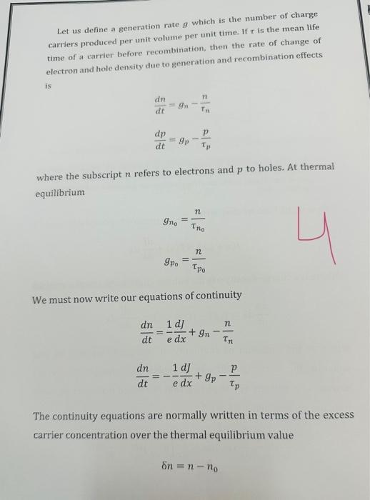 Solved Diffusion, Recombination and the equation of | Chegg.com