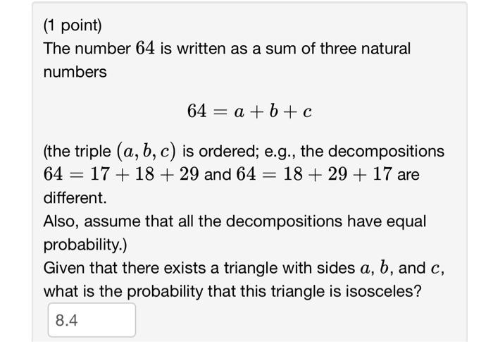 Solved (1 point) The number 64 is written as a sum of three | Chegg.com