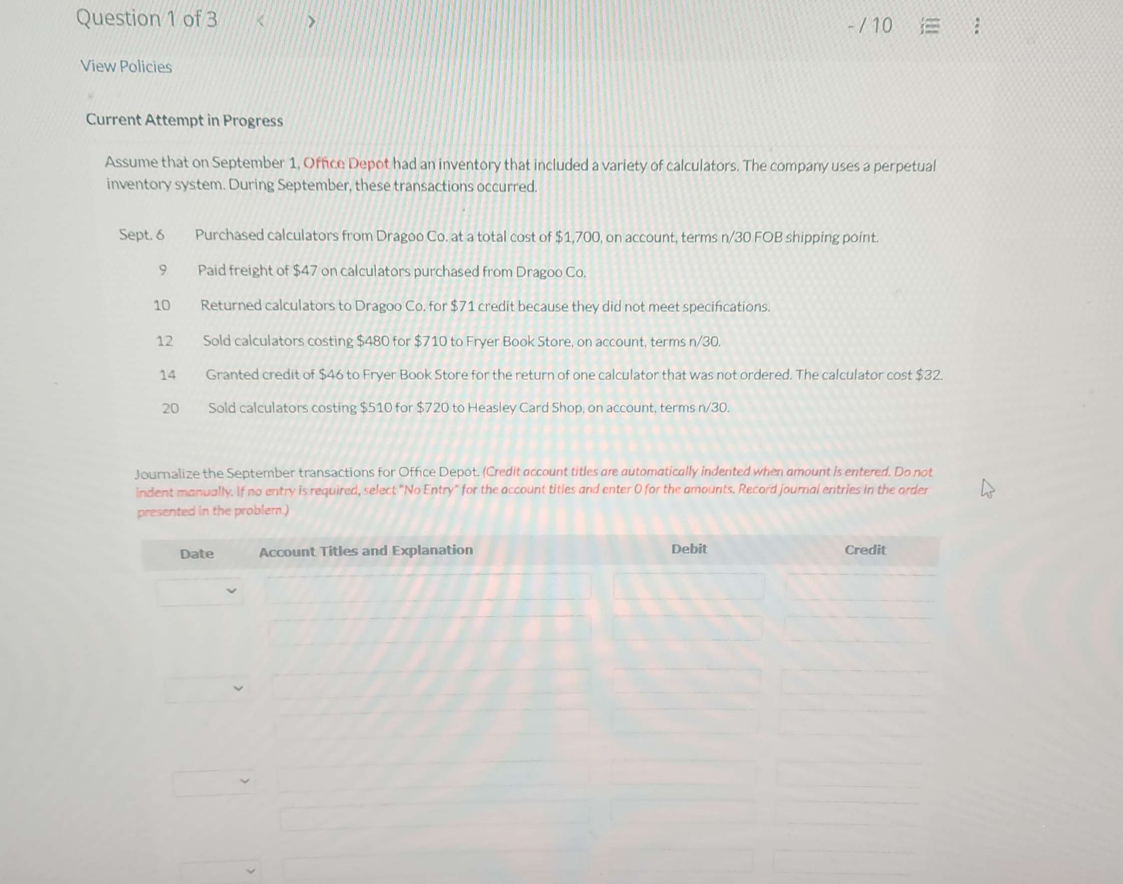 Solved Question 1 ﻿of 3(To record credit sale)(To record | Chegg.com