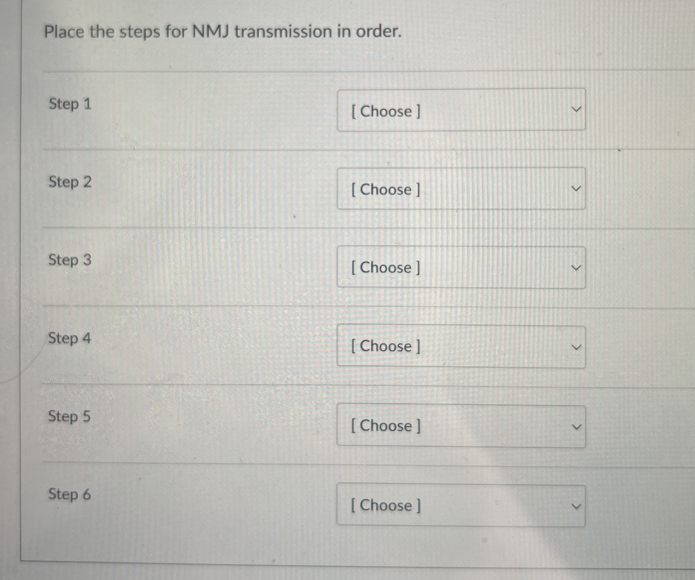 Solved Place the steps for NMJ transmission in order.Step | Chegg.com