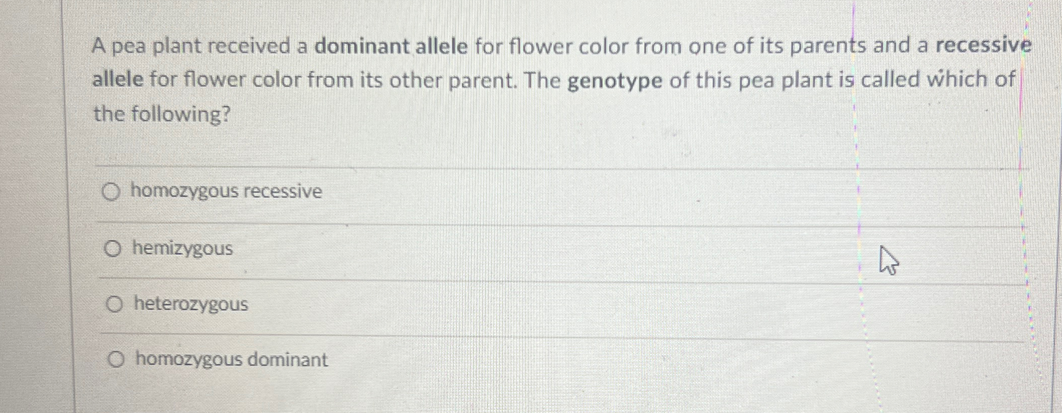 Solved A pea plant received a dominant allele for flower | Chegg.com