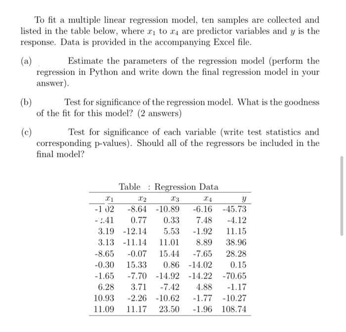 Solved To Fit A Multiple Linear Regression Model Ten Chegg