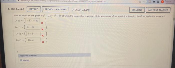 Solved Find all points ov: the graph of y2−27y=x2−90 at | Chegg.com