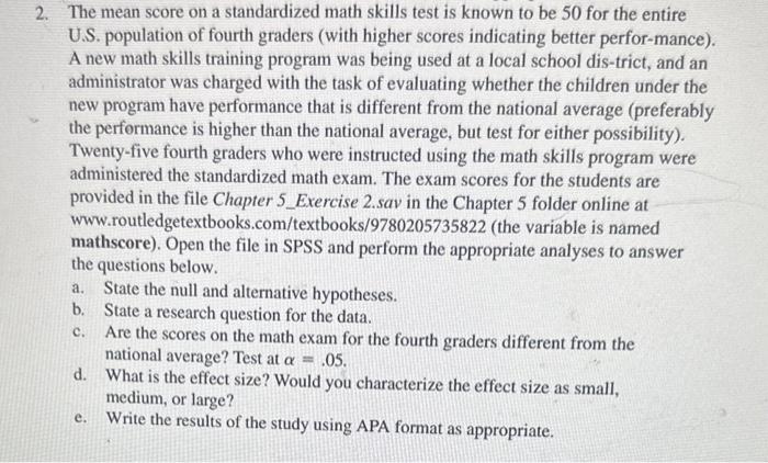 Solved 2. The mean score on a standardized math skills test | Chegg.com