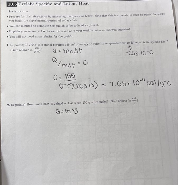 Solved 10.5 Prelab: Specific and Latent Heat Instructions: - | Chegg.com