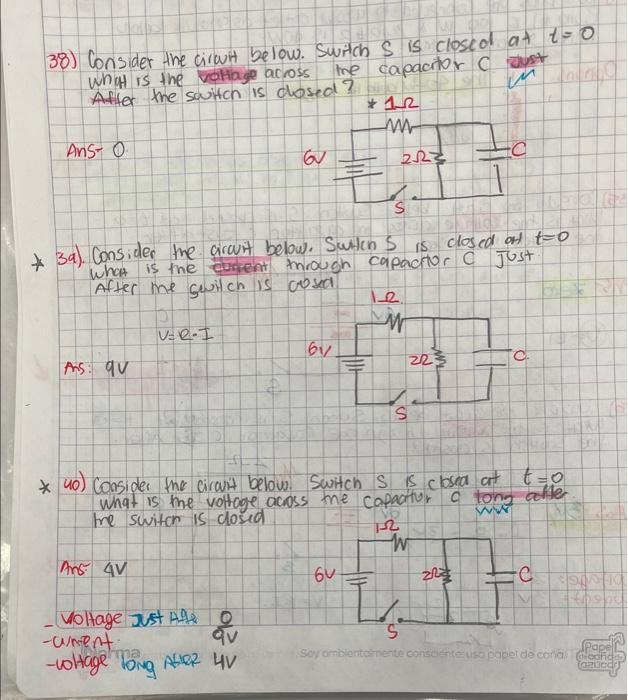 Solved 38) Consider the circuit below. Switch S is closed at | Chegg.com