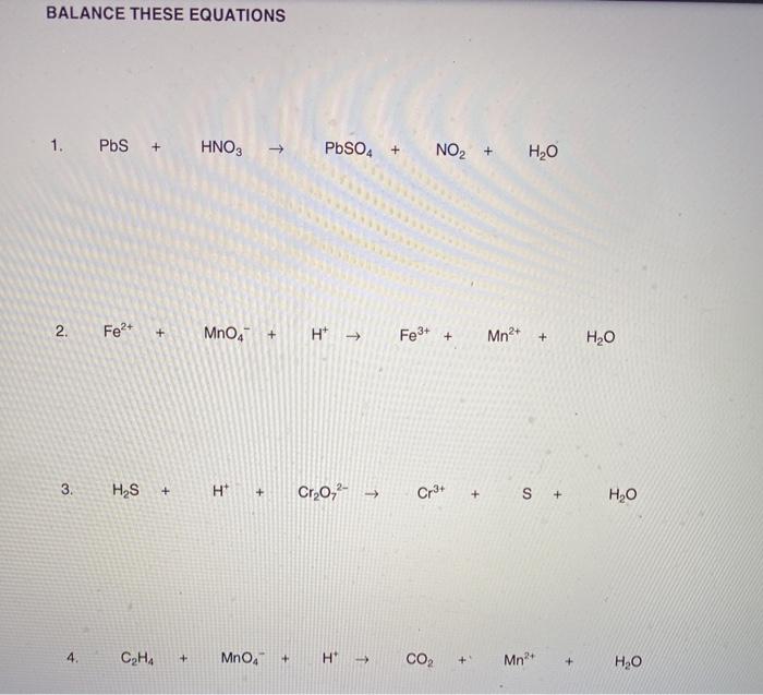 Solved BALANCE THESE EQUATIONS 1. PS + HNO3 PbSO4 + NOZ H2O | Chegg.com
