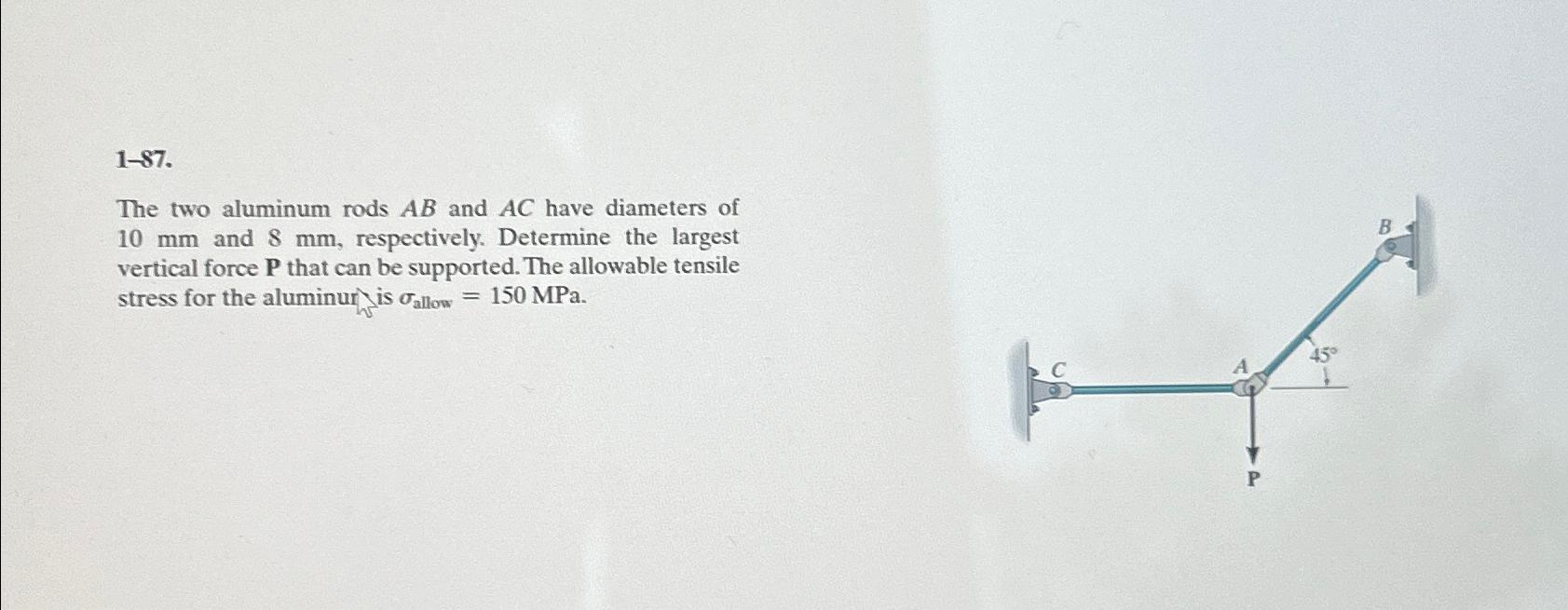 1-87.The two aluminum rods AB and AC have diameters | Chegg.com 1-87.The two aluminum rods AB and AC have diameters | Chegg.com